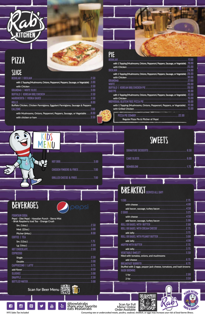 Rab’s Country Lanes Food Menu | Staten Island Bowling Alley